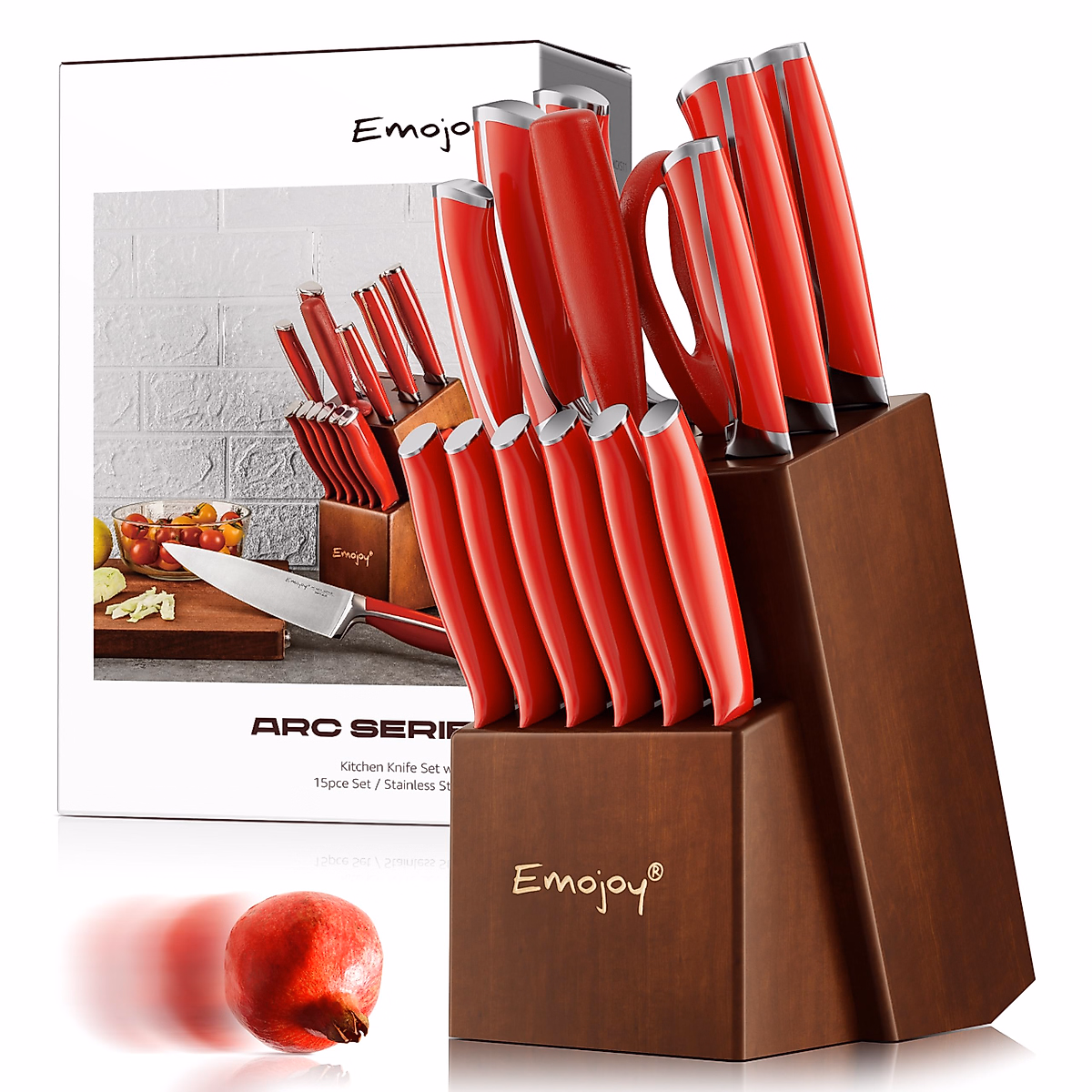 Knife Set, Emojoy 15 Piece Kitchen Knife Set with Block Wooden, German Stainless Steel Sharp Chef Knife Set with Sharpener, Dishwasher Safe and Rust Proof (kitchen knife set red)