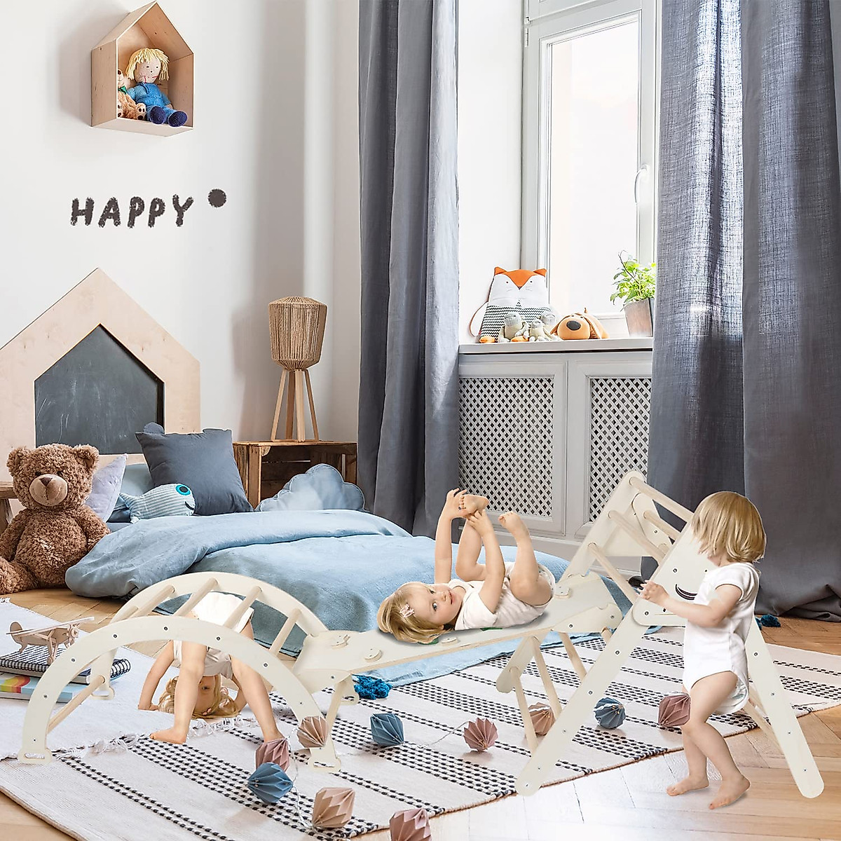 FOOWIN Pikler Triangle Set Climber 8 in 1，Toddler Climbing Toys with Ramp & Arch & Mat Montessori Climbing Set，Wooden Climbing Toys with Ramp for Kids