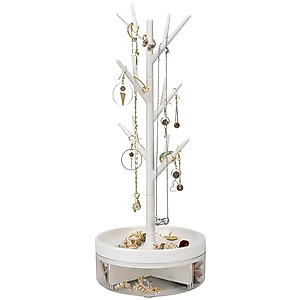 MZYOUHUO Rotating Jewelry Holder Organizer, 3 in1 Jewelry Tree Stand, 14.56 Inch High Necklace Holder Display for Necklaces Earrings Bracelets Watches Rings (White)