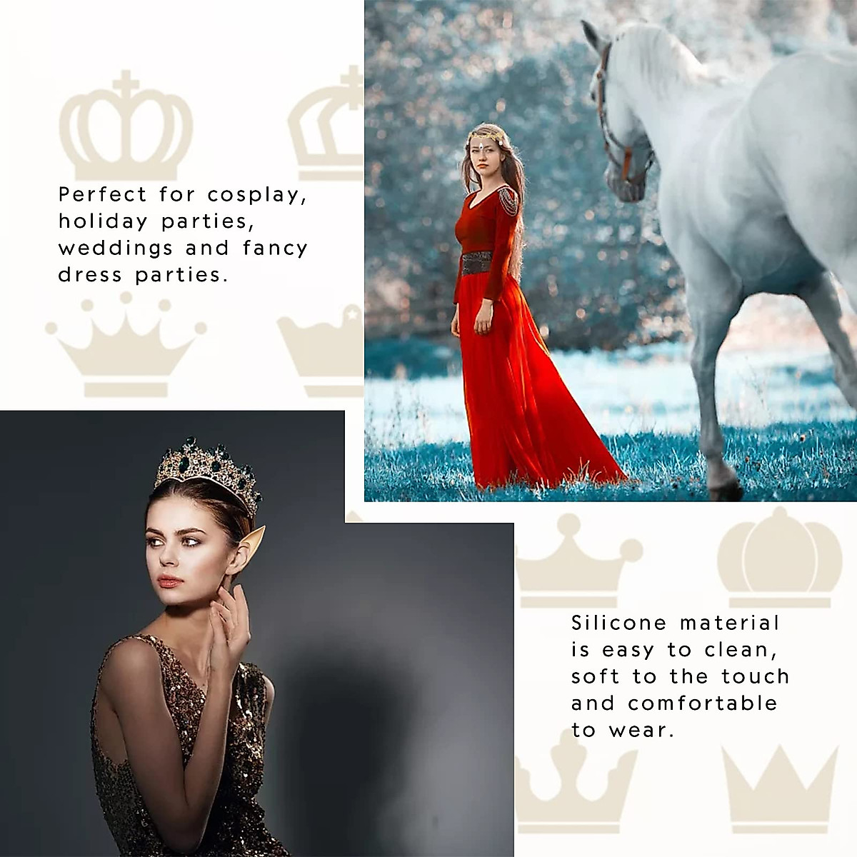 Rhinestone Leaf Wedding Tiara Headband with Fairy Elf Ears,Dress Up Costume Masquerade Accessories-1 Rose Gold Fairy Crown Headband+2 Pairs Cosplay Fairy Pixie Elf Ears for Halloween,Christmas,Wedding,Prom