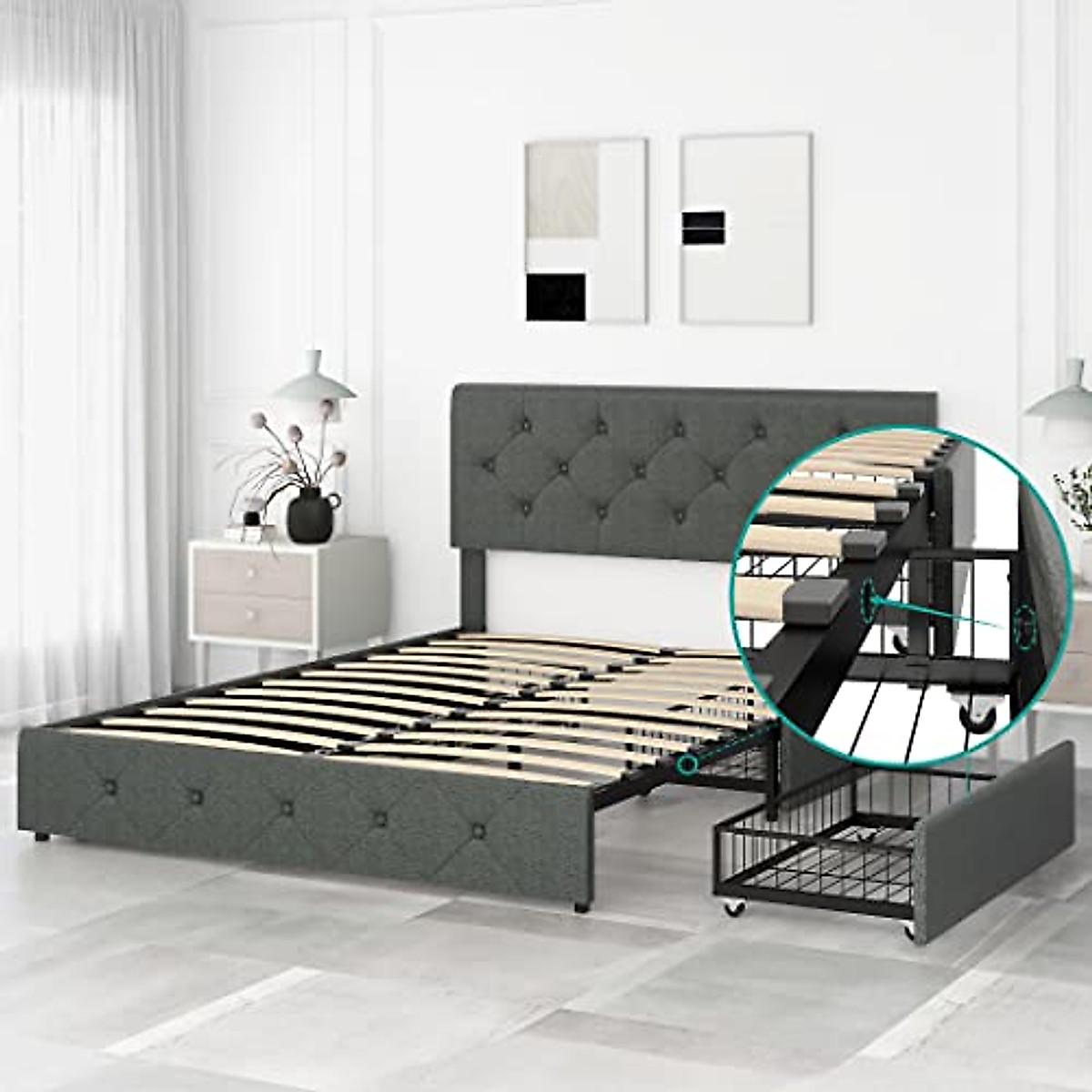 Wancla Queen Upholstered Platform Bed Frame with 4 Storage Drawers/Adjustable Button Tufted Headboard/No Box Spring Neeed/Wood Slat Support/Easy Assembly/Dark Grey, Leathaire