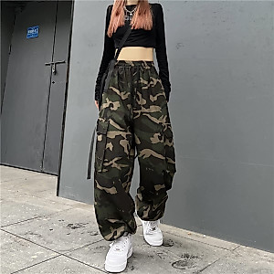 Linsennia Camo Cargo Pants for Women Baggy Y2k Parachute Pants Wide Leg with Pockets Girls Streetwear Goth