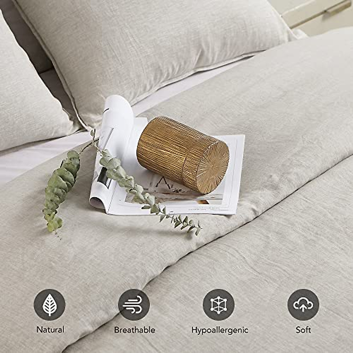 DAPU 100% Linen Duvet Cover Set - Pure Natural French Flax Linen with 8 Corner Ties and Zipper Closure Soft Breathable Durable for Hot Sleepers 1 Duvet Cover 2 Pillowcases (Natural Linen, King)