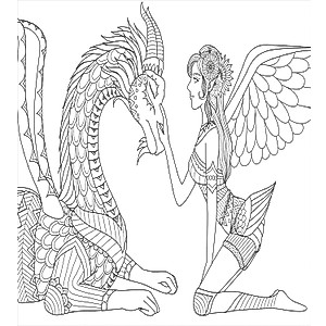 Ambesonne Fantasy Duvet Cover Set, Drawing of a Caressing a Dragon Ornamental Details Flowers Wings Art, Decorative 3 Piece Bedding Set with 2 Pillow Shams, Queen Size, White and Black