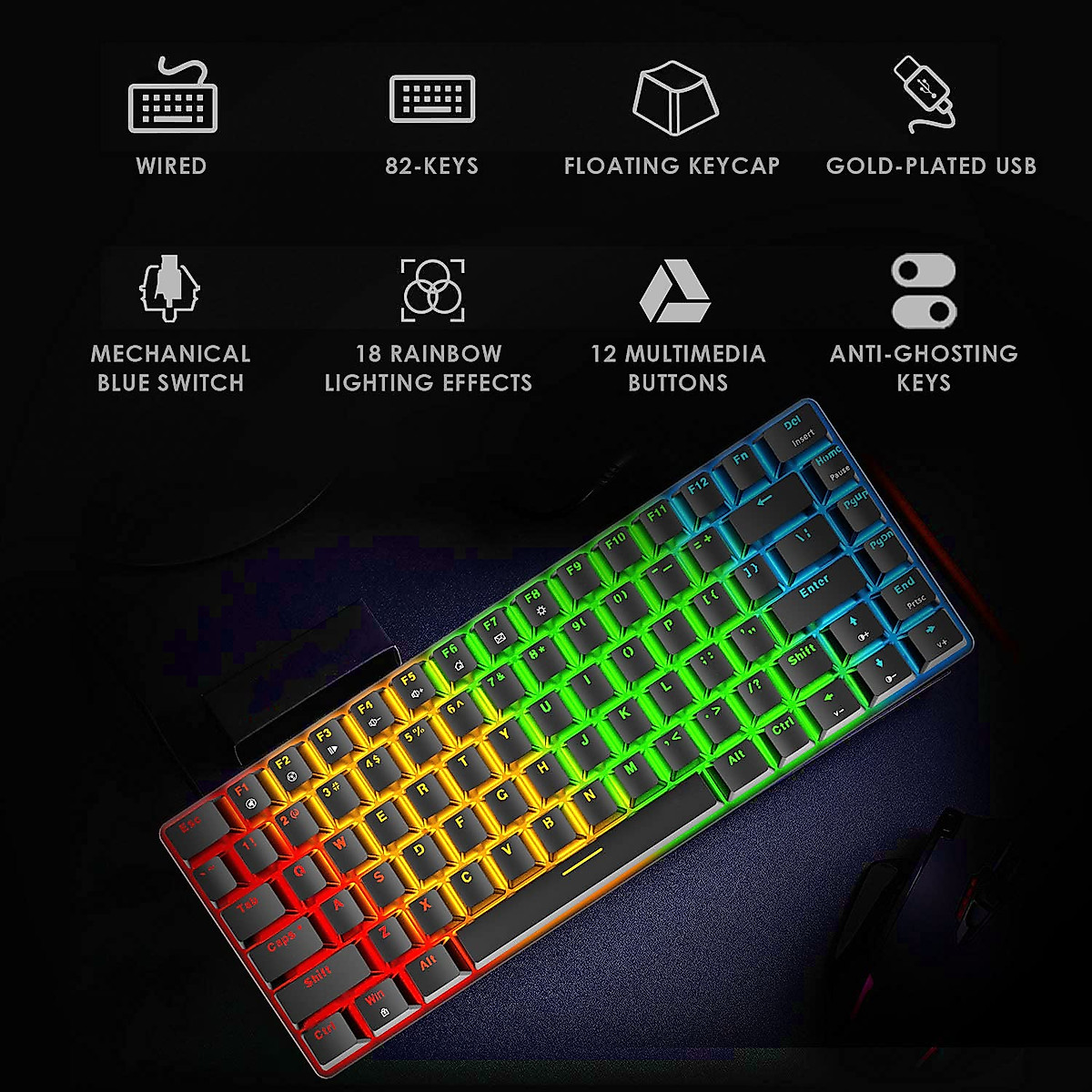 XINMENG Wired Gaming Keyboard and Mouse Combo, Compact 82 Keys RGB Blackit Mechanical Keyboard and Adjustable 8000DPI Lightweight Honeycomb Design Mouse, Spill-Resistant for Desktop, Computer, PC