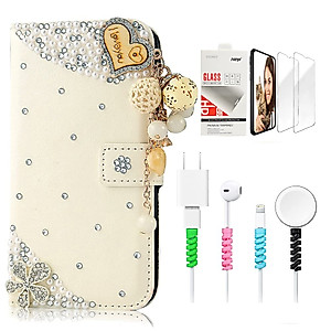 STENES Bling Wallet Phone Case Compatible with Samsung Galaxy S23 - Stylish - 3D Handmade Heart Pendant Flowers Design Leather Cover with Screen Protector & Cable Protector - White