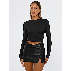 Trendy Queen Womens Long Sleeve Shirts Basic Tees Crop Tops Going Out Spring 2025 Workout Outfits Y2k Clothes Black S