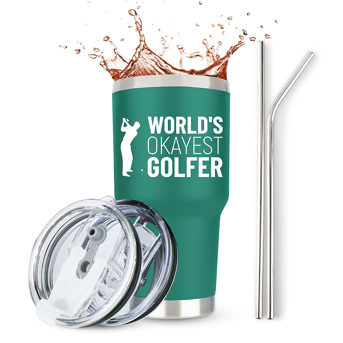 JENVIO Golf Gifts For Men | Worlds Okayest Golfer Insulated Stainless Steel Travel Tumbler Mug Including 2 Lids and 2 Straws | Funny Gag Cup Dad Father Husband Retirement Stuff Valentine's Day Gift