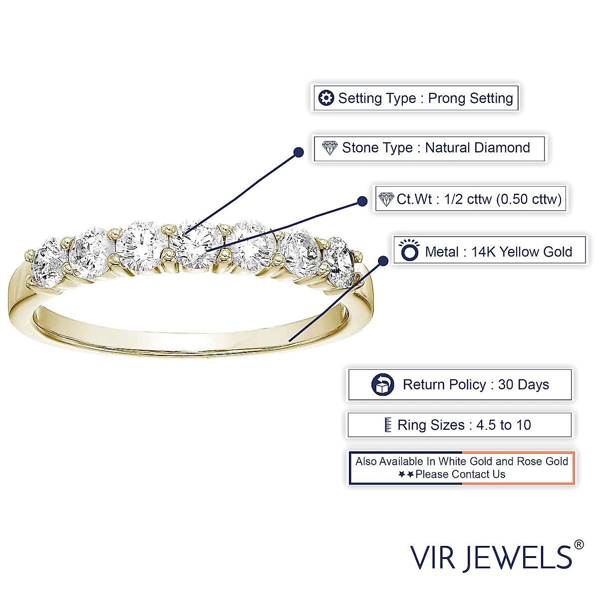 Vir Jewels 1/2 carat (ctw) Diamond Wedding Anniversary Band for Women, Round Diamond Engagement Ring 14K Yellow Gold Prong Set 0.50 cttw, Size 5