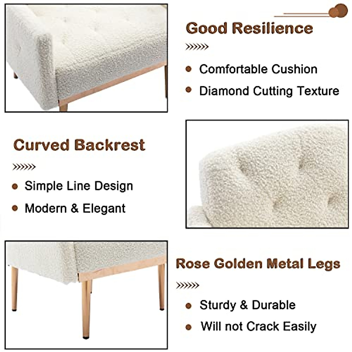 KINFFICT Modern Accent Chair, Upholstered Single Sofa Arm Chair for Living Room and Bedroom, Comfy Armchair with Solid Tapered Metal Legs, White