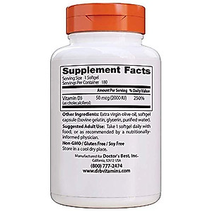 Doctor's Best Vitamin D3 2 000 IU Healthy Bones Teeth Heart Immune Support NonGMO GlutenFree Soy Free , 180 Count