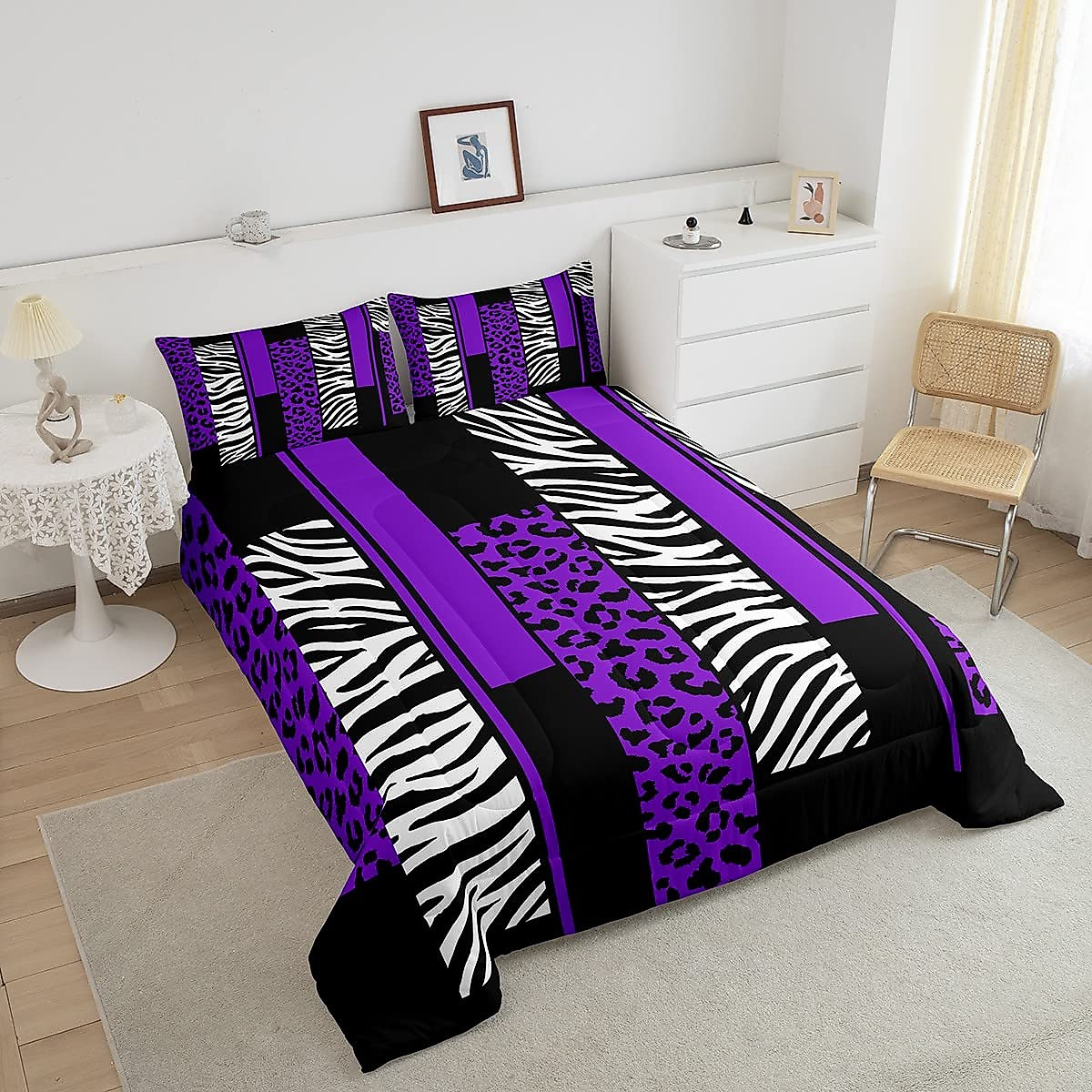 Feelyou Leopard Zebra Comforter Set King Size Kids Cheetah Purple White Black Comforter for Boys Teens Animal Print Bedding Set Safari Duvet Set Geometry Room Decor Quilt Boys