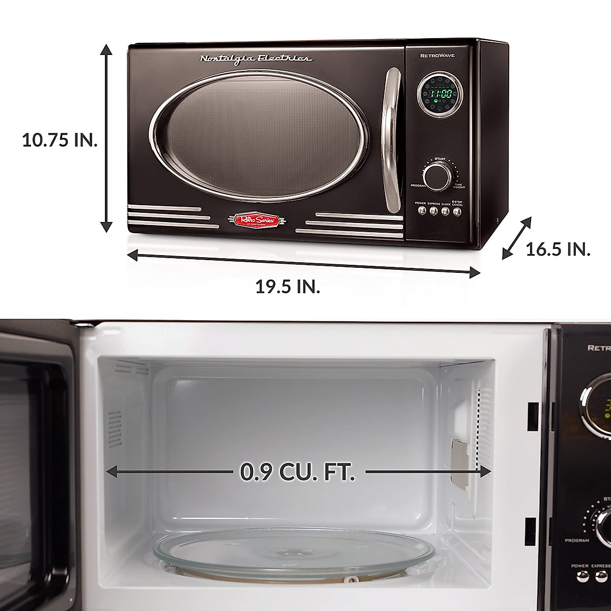 Nostalgia RMO4BK Retro 0.9 Cubic Foot 800-Watt Countertop Microwave Oven, 5 Power Levels and 12 Cook Settings, LED Display, Jet Black
