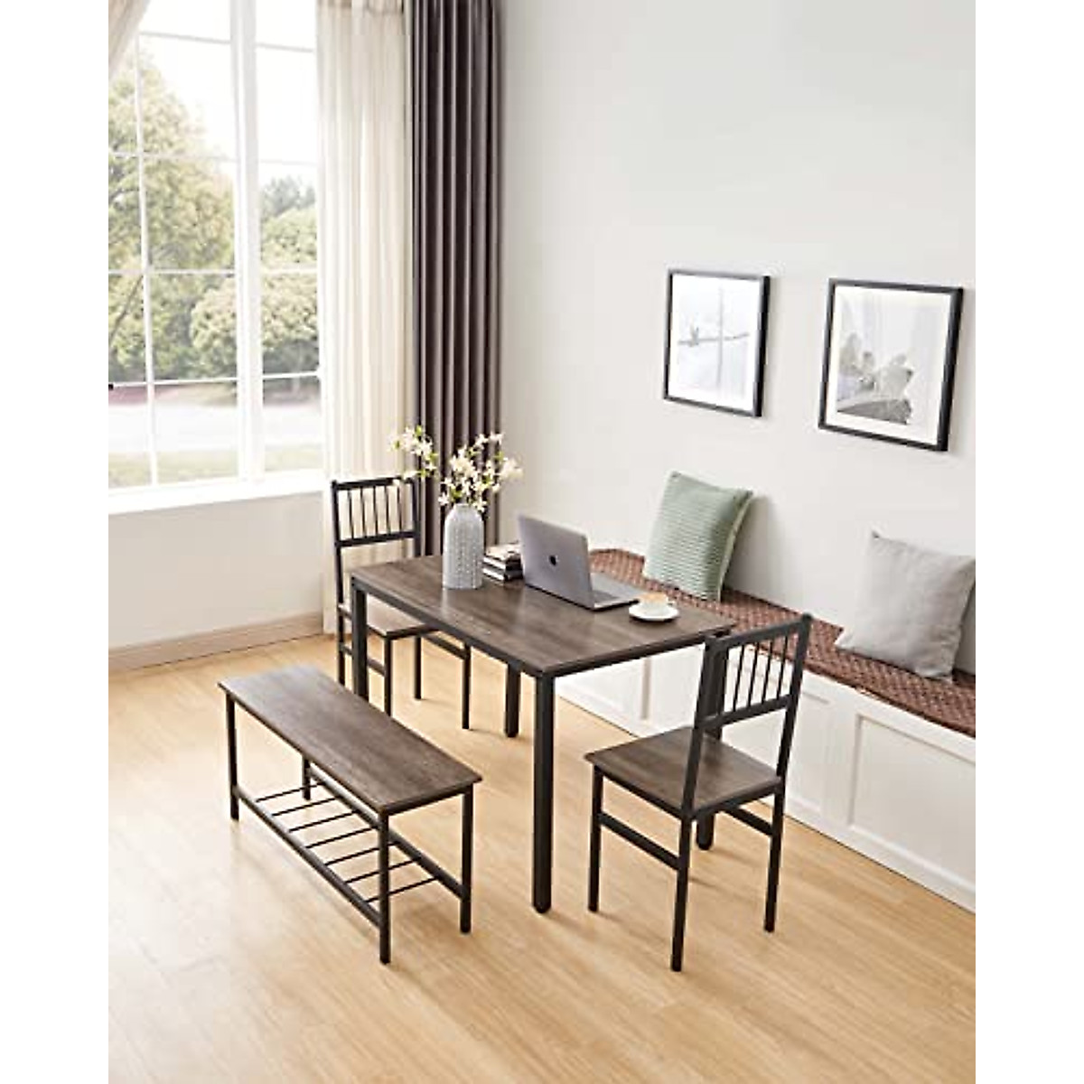 Tassullo 4pcs Kitchen Table Set, Small Dining Room Table Set and 2 Chairs for 4 with Bench, Sturdy and Noise-Free for Small Studio Apartment and Dorm Room (A)