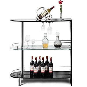 COSTWAY Bar Cabinets Table with 2-Holder, Modern Liquor Display Bar Cabinet with Tempered Glass Shelves, Wine Storage with Wine Glass Holders Ideal for Home/Kitchen/Bar/Pub, Black