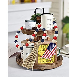 Wooden Beads Decor,Fall Decorations for Tiered Tray Decor Wood Bead Garland, Farmhouse Decor Beads with Tassel, Prayer Boho Beads Big Wall Hanging Decor (Red, White, Blue)