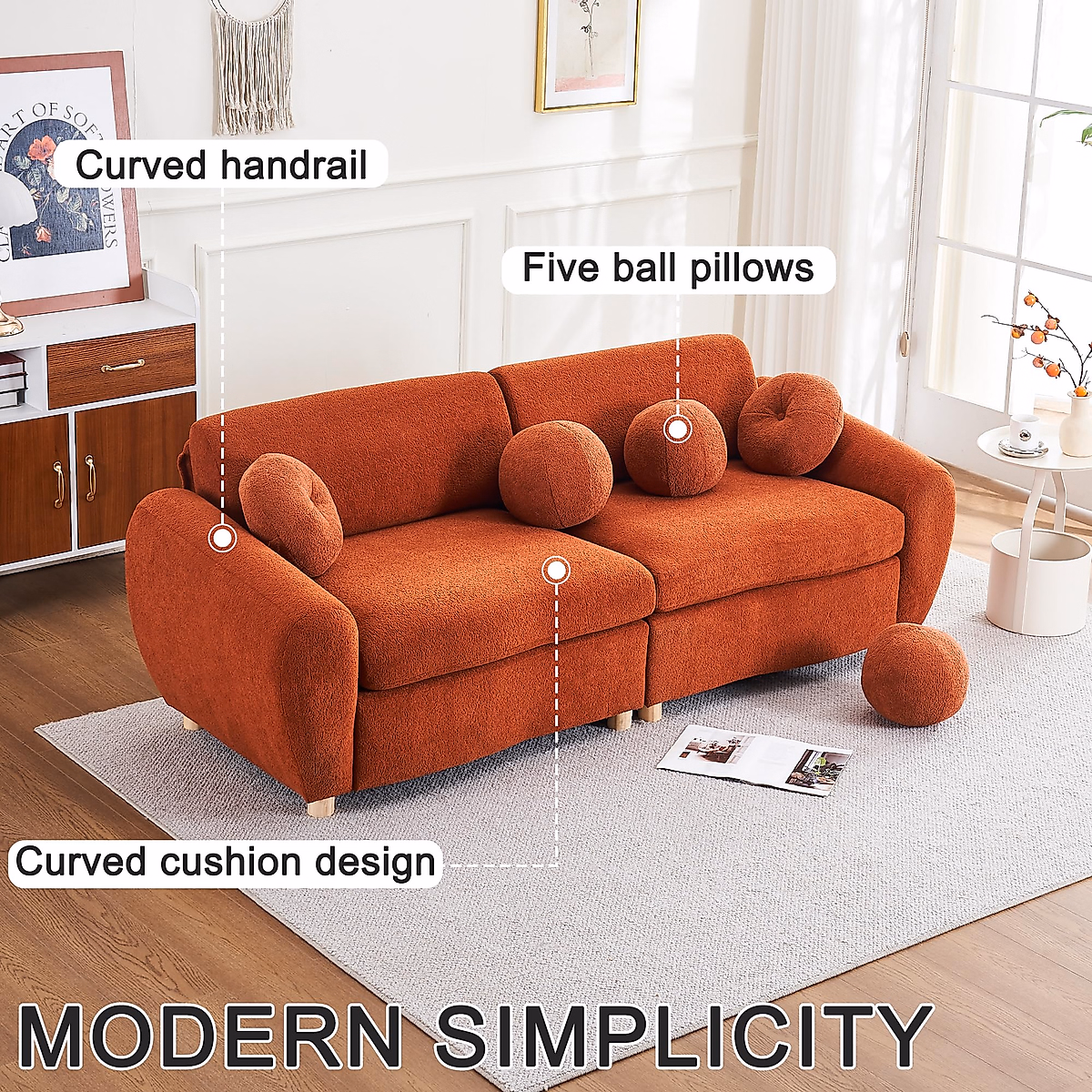 DREAMODERN 84.6-inch Sectional Curved Sofa Couch for Living Room, Modern Contemporary Upholstered Sofa Couch Chenille Fabric Couch with 5 Decorative Throw Pillows for Apartment Office - Orange