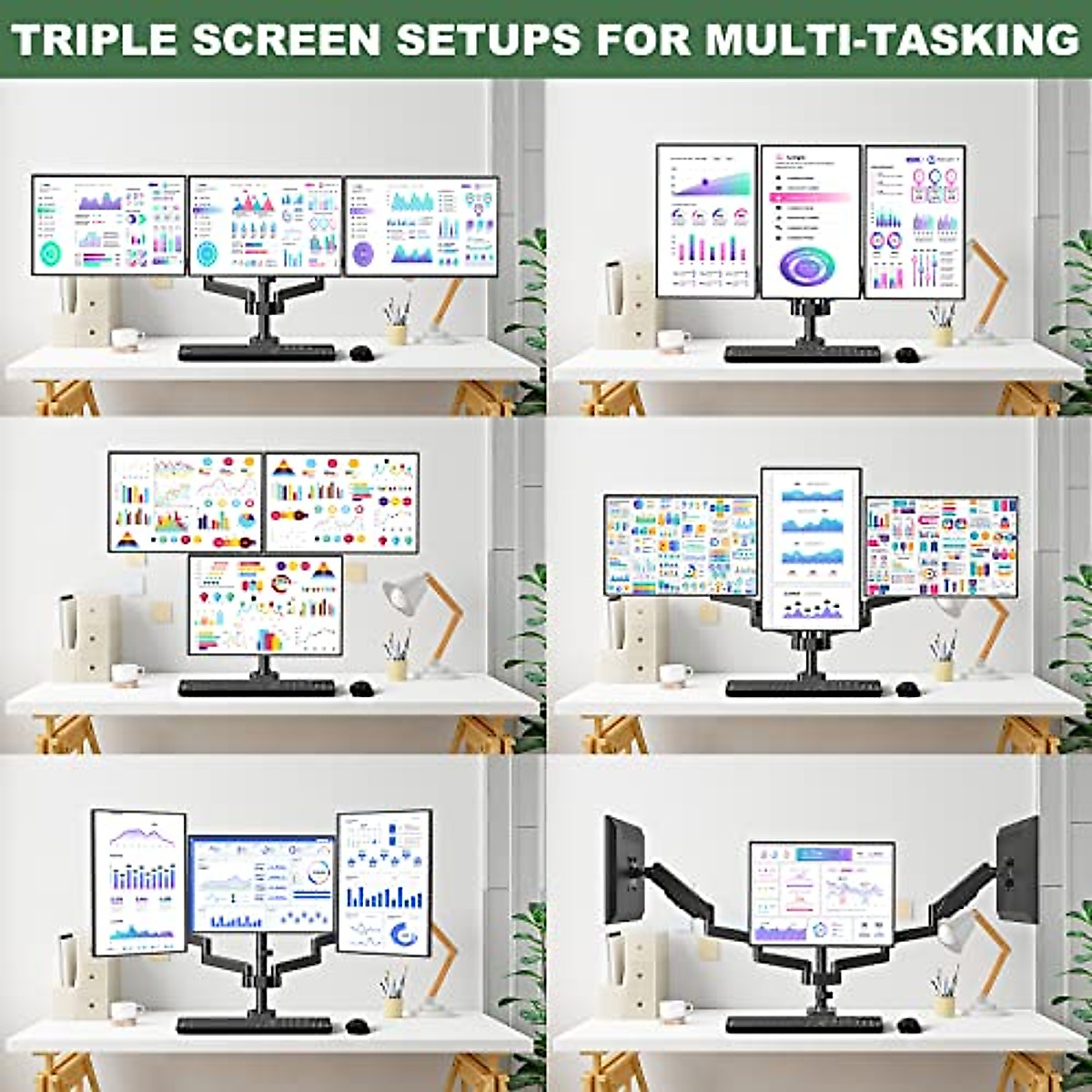 UPGRAVITY Triple Monitor Mount, 3 Monitor Stand Desk Mount for Three Flat/Curved Computer Screens Up to 27”, Fully Adjustable Gas Spring Monitor Arms Hold up to 17.6lbs Each, VESA 75x75/100x100
