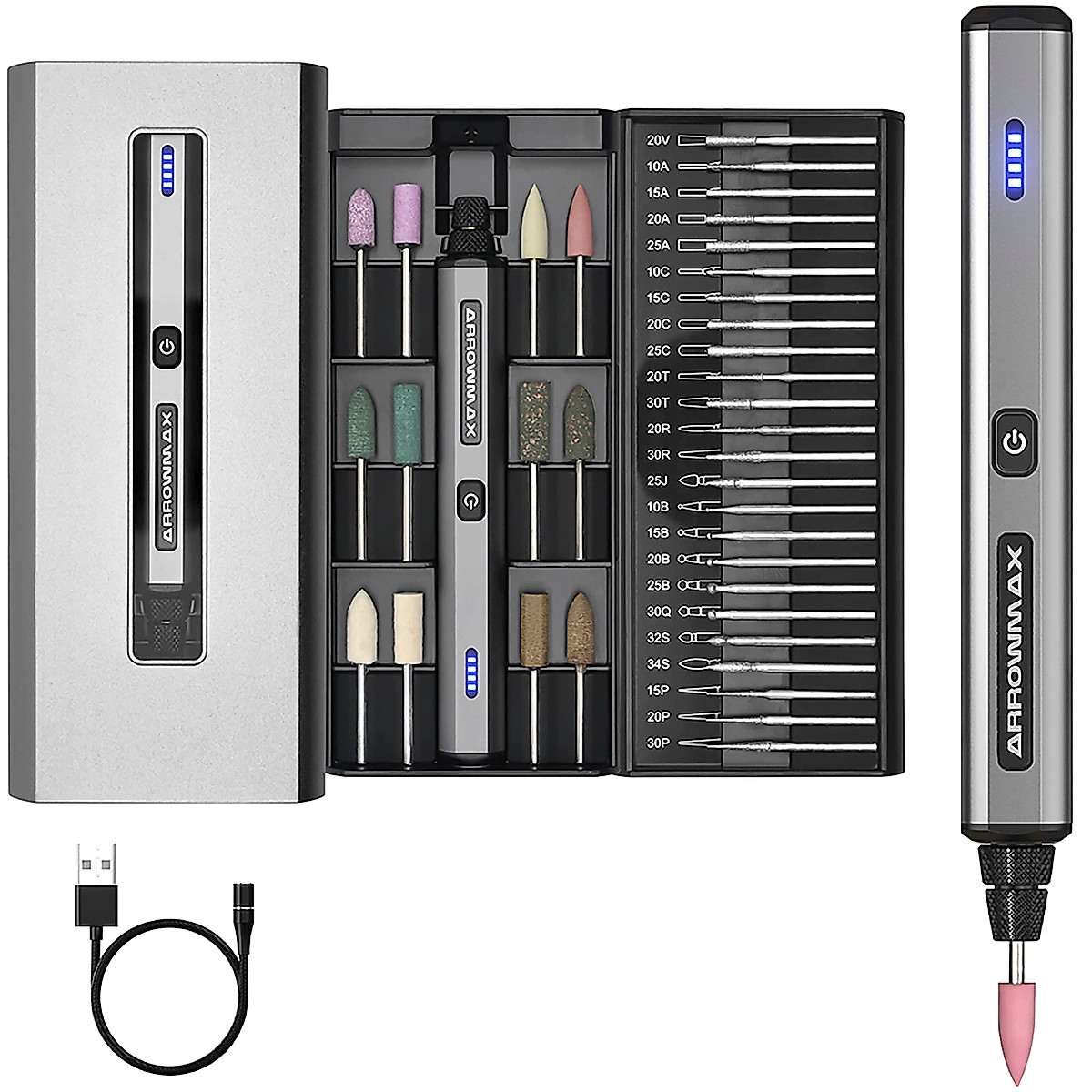 AM ARROWMAX 4-Speed Electric Mini Drill Pen with Hedgehog Benchtop Press & Electric Cordless Rotary Tool, 10 Small Drill Bits with Aluminium Box, OLED Display, LED Lights, 3/32-Inch Keyless Chuck