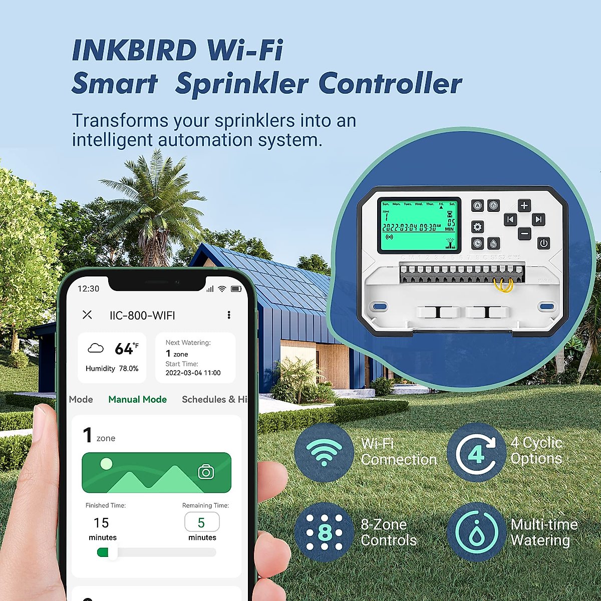 Inkbird Smart Sprinkler Controller WiFi 8 Zone, Indoor Irrigation System Controller, 8 Station, Remote Monitoring, Seasonal Adjustment