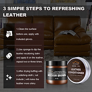 Leather Recoloring Balm with Mink Oil Leather Conditioner, Leather Repair Kit for Couches, Medium Brown Leather Dye for Furniture, Car Seat, Sofa, Shoes, Vinyl