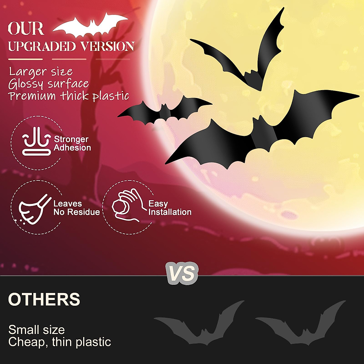 Halloween Decorations Bats Wall Stickers, 60 PCS Reusable 3D Black Halloween Bats Scary Stickers with Double-Sided Tape for Halloween Home Decor DIY Window Wall Indoor Outdoor Halloween Party Supplies