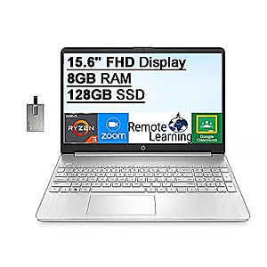 2021 HP 15.6inch FHD Display Laptop puter, AMD Ryzen 3-3250U Processor, 8GB DDR4 RAM, 128GB SSD, Radeon Graphics, HD Webcam, HDMI, Win 10S, Silver, 32GB SnowBell USB Card Natural Silver RAM | SSD