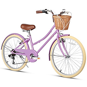 Glerc Missy 24" inch Girl Cruiser Kids Bike 6-Speed Teen Hybrid City Bicycle for Youth Ages 7 8 9 10 11 12 13 14 Years Old with Wicker Basket & Lightweight, Purple