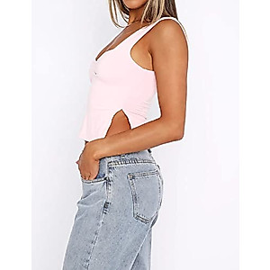 Lauweion Women Sleeveless Y2K Skinny Crop Tank Tops Strappy Ruched Sweetheart Neck Backless Slits Bustier Top Pink