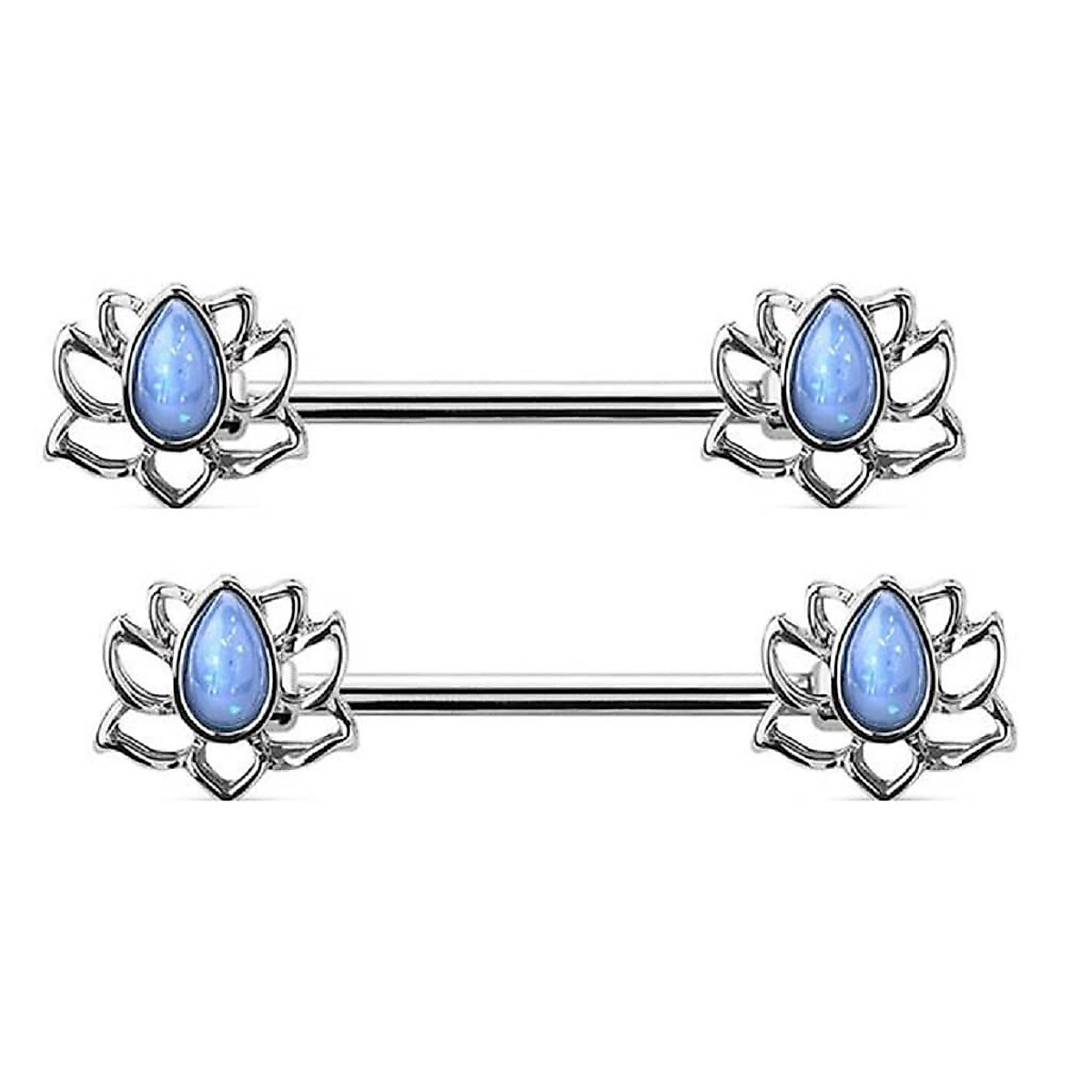 Body Accentz 14g Opal Lotus Ends Nipple Ring Nipple Bar 1.6mm Nipple Piercing Barbell (Blue)