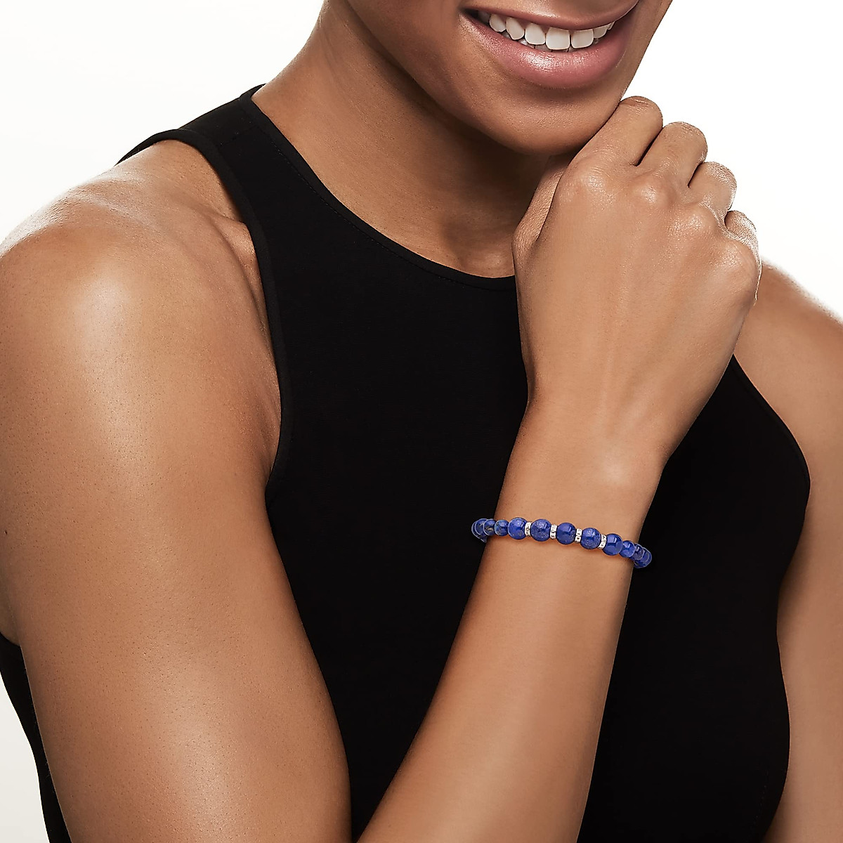 Ross-Simons 6-8mm Gem Bead Stretch Bracelet with .24 ct. t.w. Diamonds in Sterling Silver