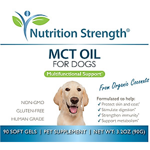 Nutrition Strength MCT Oil for Dogs from Organic Coconuts, Medium Chain Triglycerides with Caprylic Acid & Capric Acid to Protect Skin and Coat, Boost Immunity, Support Metabolism, 90 Soft Gels