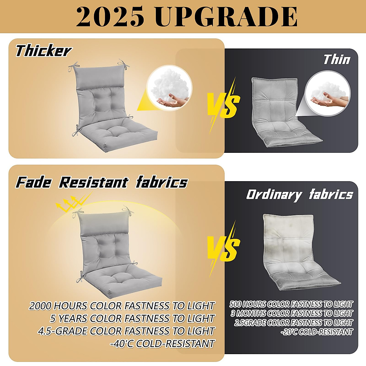 Sintuff 44 x 21 x 4 Patio Chair Cushions Outdoor Chair Cushions Seat/Back Tufted Pillow with Ties All Weather Replacement Indoor Patio Furniture Outdoor Furniture(Light Gray,4 Pcs)