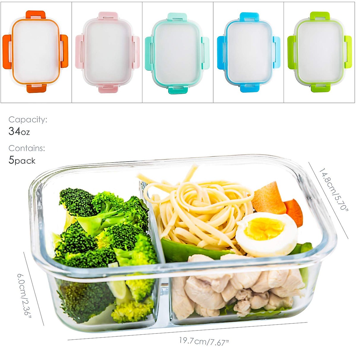 C CREST Glass Meal Prep Containers 2 Compartment Set, 5-Pack, 34oz, Glass Bento Boxes for Adults, Divided Glass Lunch Containers with Lids
