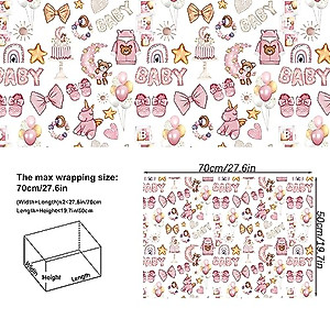 Dtiafu Baby Shower Wrapping Paper for Baby Girl - 12 Sheets Pink Gift Wrap with Baby Feet Bear Unicorn Rainbow Princess Shoes Designs - 20 x 28inch Per Sheet