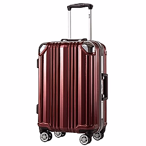 Coolife Luggage Aluminium Frame Suitcase TSA Lock 100% PC 20in 24in 28in (Wine red, M(24in))