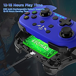 Wireless Pro Controller for Nintendo Switch/Switch OLED/Switch Lite, Switch Controller, Wireless Gamepad for the Zelda ,Turbo & Auto Function, Back Mapping ,Rechargeable 650mAh Battery, Long Playing Time (Blue)
