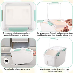 Purpeak 4 Pack Grain Rice Storage Bin Flour Storage Container 20 Lbs with Wheels Measuring Cup Airtight Lid Plastic Cereal Pet Food Storage Boxes for Dry Food Sugar Baking Cat Bird Dog Food (Green)