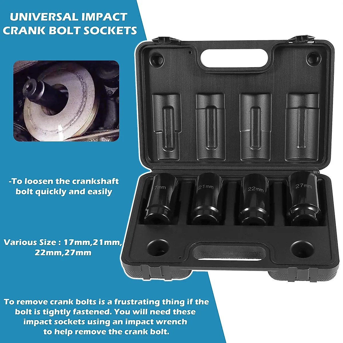 1/2" Drive Crank Bolt Socket Set, 17MM 21MM 22MM 27MM Harmonic Balancer Socket Set, Crank Bolt Removal Tool, 3 Times Momentum Power of Standard Impact Socket Set