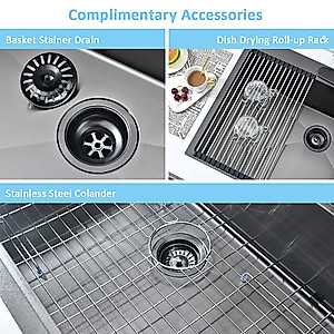33 Inch Black Kitchen Sink Drop In-Bokaiya 33x22 Black Stainless Steel Drop In Kitchen Sink Topmount 16 Gauge Deep Matte Black Single Bowl Kitchen Sink with Dish Grid & Roll Up Rack