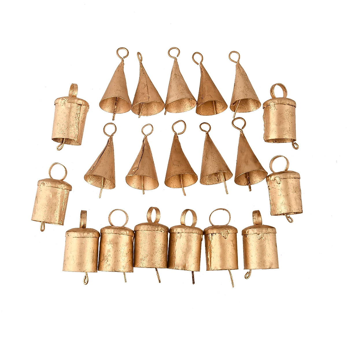 KRATI EXPORTS Barn Bells in Small Sizes- 20 Distinctive Golden Rustic Bells - Full of Beautiful Rough Hewn Variations - Perfect for Home Decor Christmas Jingle Bells