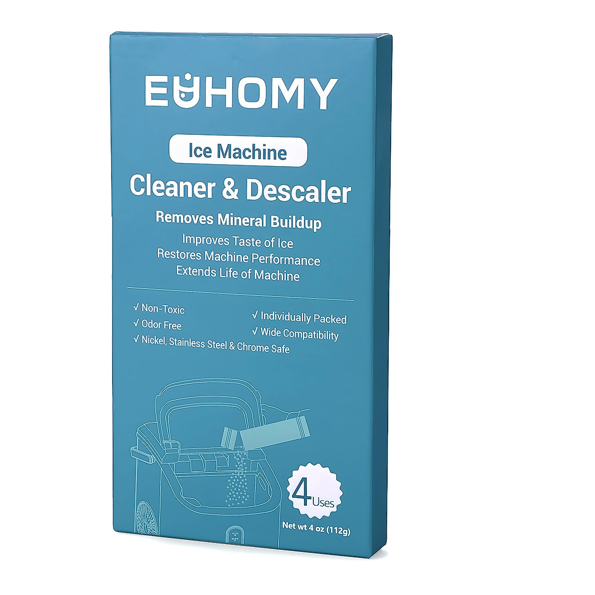 EUHOMY Ice Maker Cleaner & Descaler | 4 Use & Individually Packed | Ice Machine Cleaner with Organic Citric Acid Descaling Powder, Ideal for All Brands