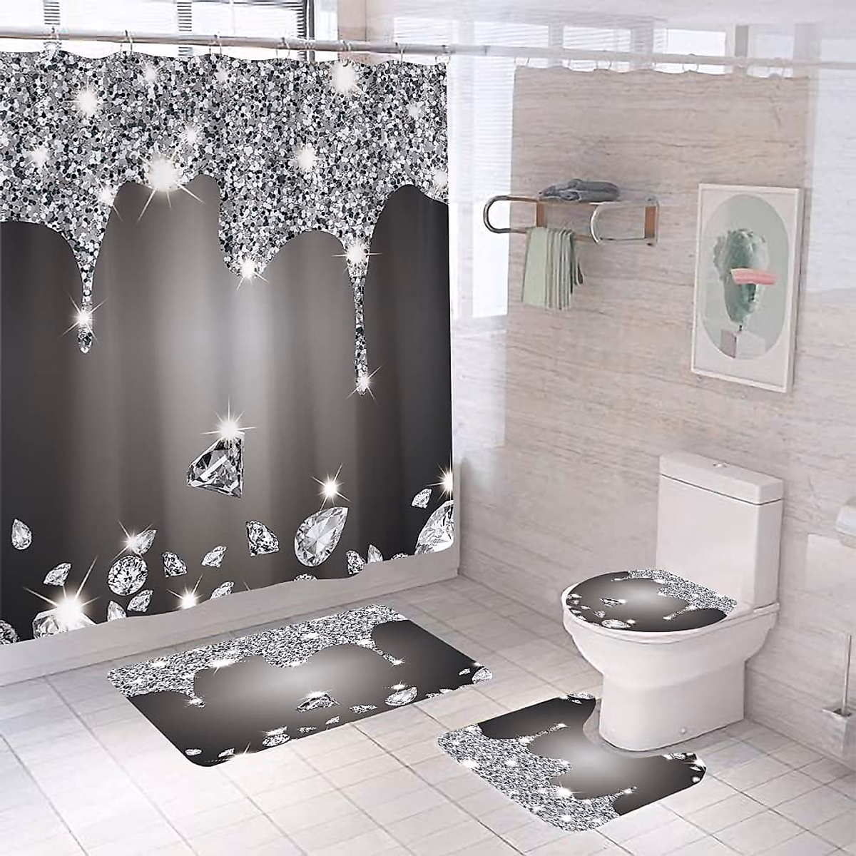 Mightree 4 PCS Bathroom Shower Curtain Set, 71 x 65 inch Waterproof Fabric Bathroom Curtain with 12 Hooks, Toilet Lid Cover and Bath Mat, Non-Slip Rug Foot mat, Gray Diamond