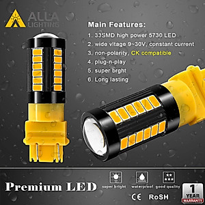 Alla Lighting 2800lm 3156 3157 LED Turn Signal Lights Bulbs, Amber Yellow T25 4157 5702 3457 AK 3757 NAK Blinker Lamps Replacement Xtreme Super Bright 12V 5730 33-SMD