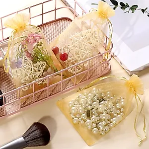 Hopttreely 100pcs Gold Organza Gift Bags, 4 x 6 inch Satin Drawstring Candy Mesh Favor Bags Jewelry Pouches for Christmas Wedding Party