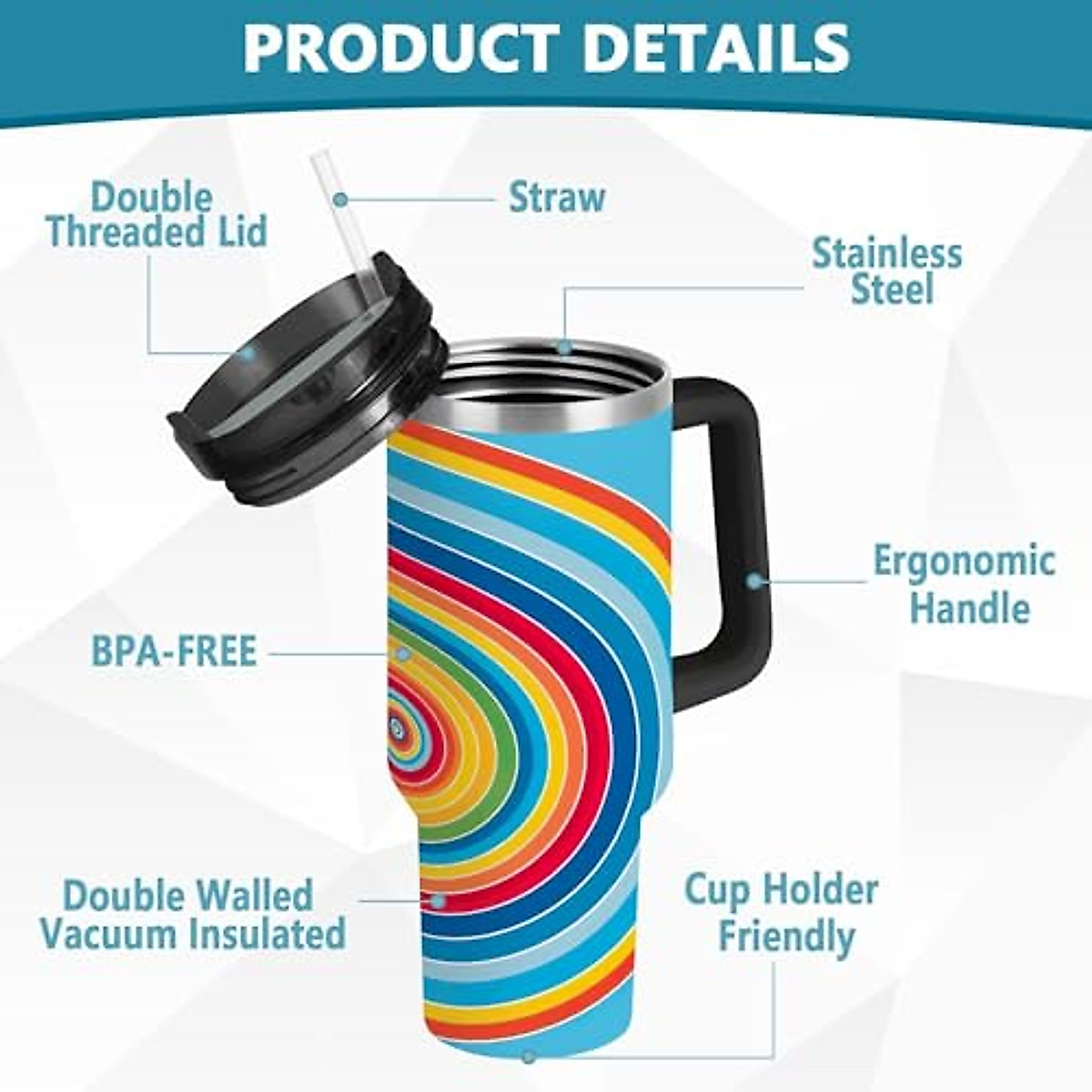 FRCSDIY Colored Circle Insulated Tumbler with Handle and Straw Lid,40oz Leakproof Stainless Steel Cup BPA-Free Water Bottle