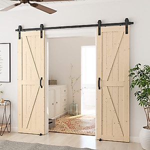 SMARTSTANDARD 24in x 84in Double Barn Door with 8ft Sliding Barn Door Hardware Kit & Handle, Pre-Drilled Ready to Assemble, DIY Unfinished Solid Spruce Wood Panelled Slab, K-Frame