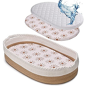 Baby Changing Basket - Handmade Cotton Rope Basket - Moses Table Topper – Includes Thick Foam Pad, Removable Waterproof Mattress Cover and Gender-Neutral Muslin Sheet - Diaper Changing Station