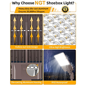 NGT 4 PCS LED Parking Lot Lights 320W 256W 192W, UL DLC Listed LED Shoebox Fixture with Photocell 5000K Adjustable Slip Fitter, Pole Light Outdoor, IP65 Commercial Street Area Lighting, AC100-277V