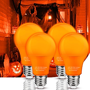 Nouscan Orange LED Light Bulbs Outdoor, 9W Equivalent 60W, E26 Medium Base A19 Decorative Orange Colored Light Bulb for Halloween, Christmas, Thanksgiving Day, Porch Party Bar Decor, Non-Dim, 4 Pack